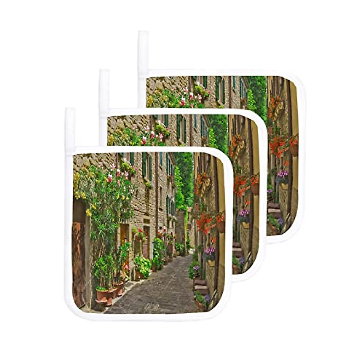 3Pack Pot Holders Cotton Oven Hot Pads, Italy Vintage Backyard Potholder Cloth Potholders for Daily Kitchen Baking Cooking with Hanging Loops - Charming Old Streets House Flower Garden Door