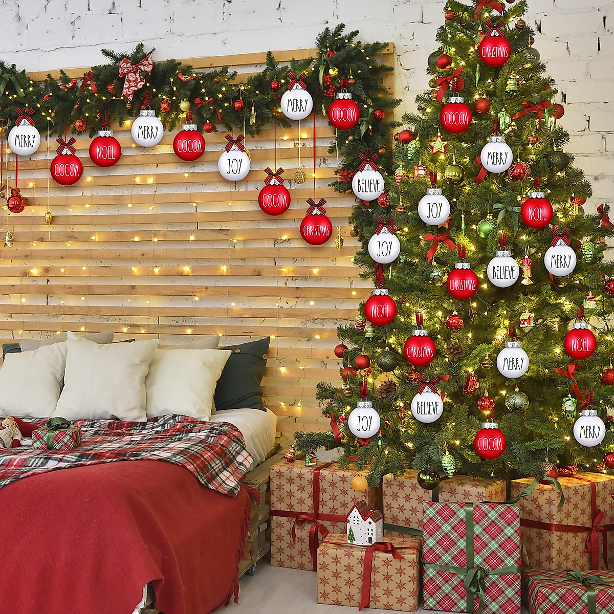 Liliful Ball Christmas Ornaments Merry Pattern Xmas Tree Decorations with Buffalo Plaid Bows Hanging Ball Farmhouse Christmas Decor Rustic Bulbs for Christmas Party Holiday (12 Pcs, 2.36 Inches)
