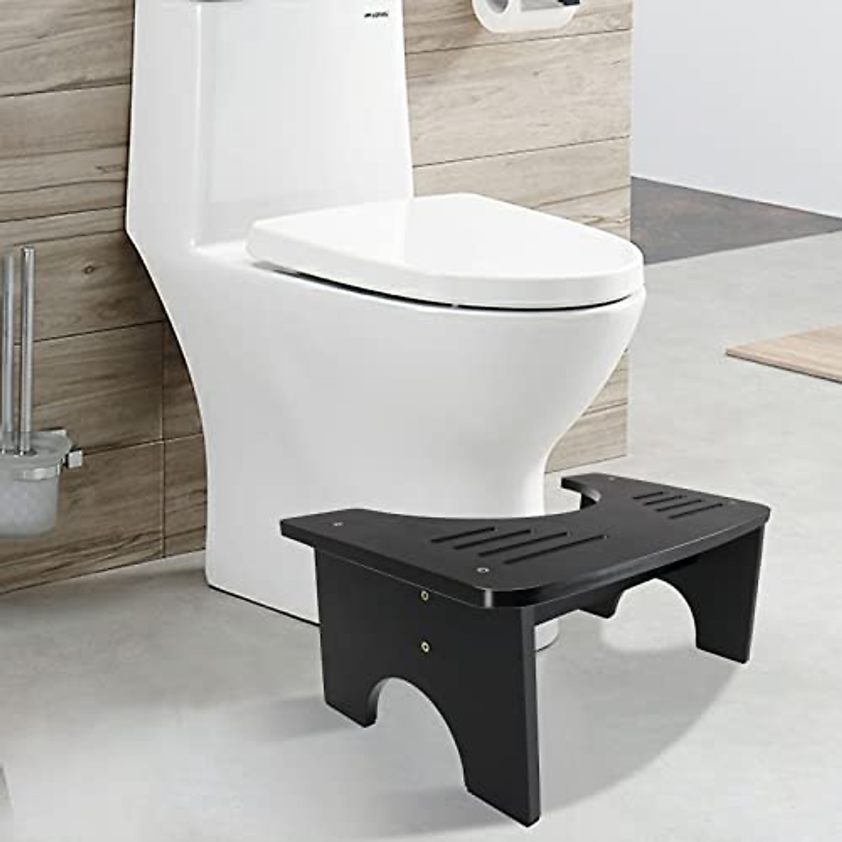 Bamboo Toilet Potty Stool for Adults, 7" Squatting Toilet Poop Stool, Bathroom Toilet Stool with Non-Slip Mat, Halloween Original Simple Design Toilet Step Stool Healthy Gifts for Kids Seniors. Black