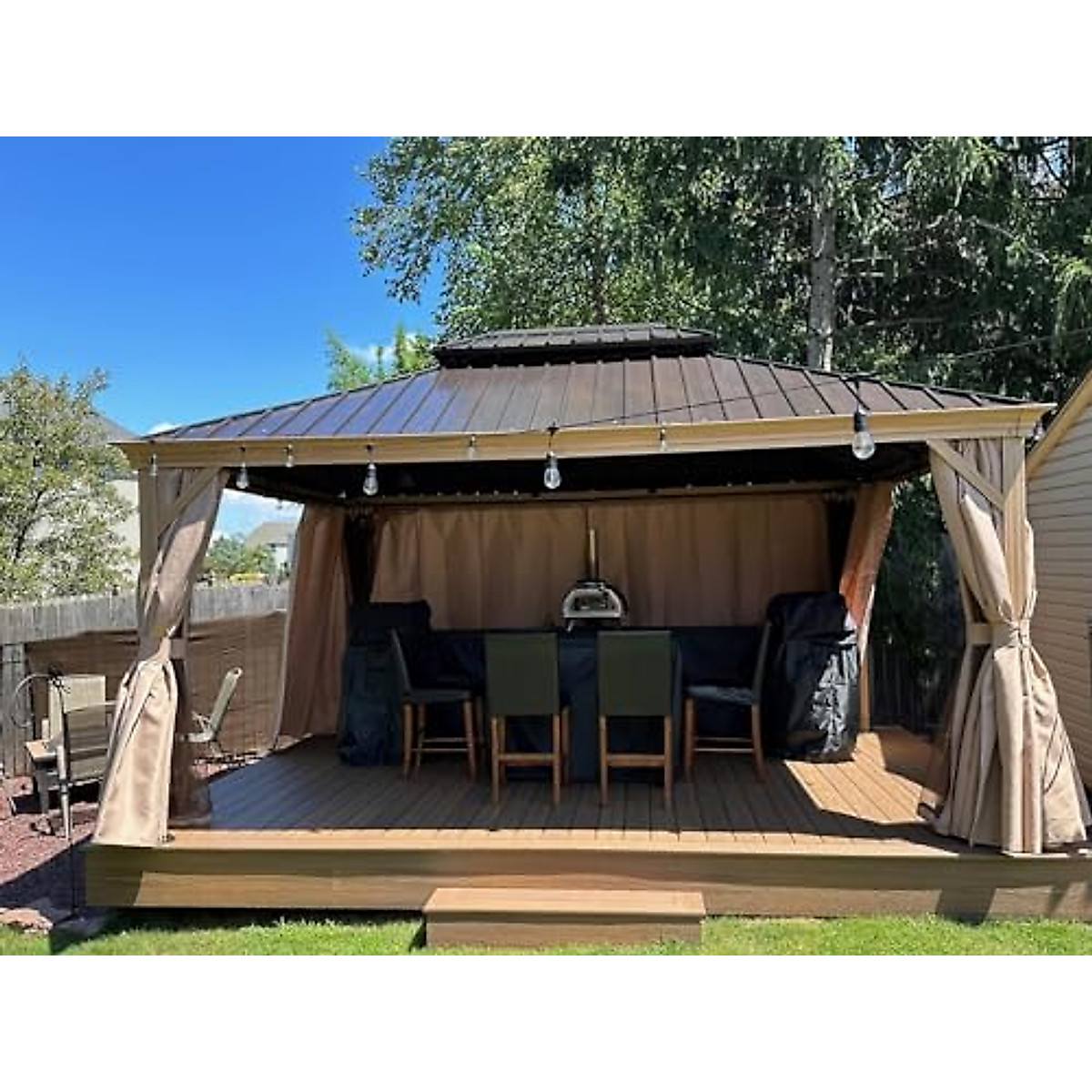 Domi 12'x14' Hardtop Gazebo with Gutters, Outdoor Aluminum Frame Canopy with Galvanized Steel Double Roof, Outdoor Permanent Metal Pavilion with Curtains and Netting for Patio, Backyard and Lawn