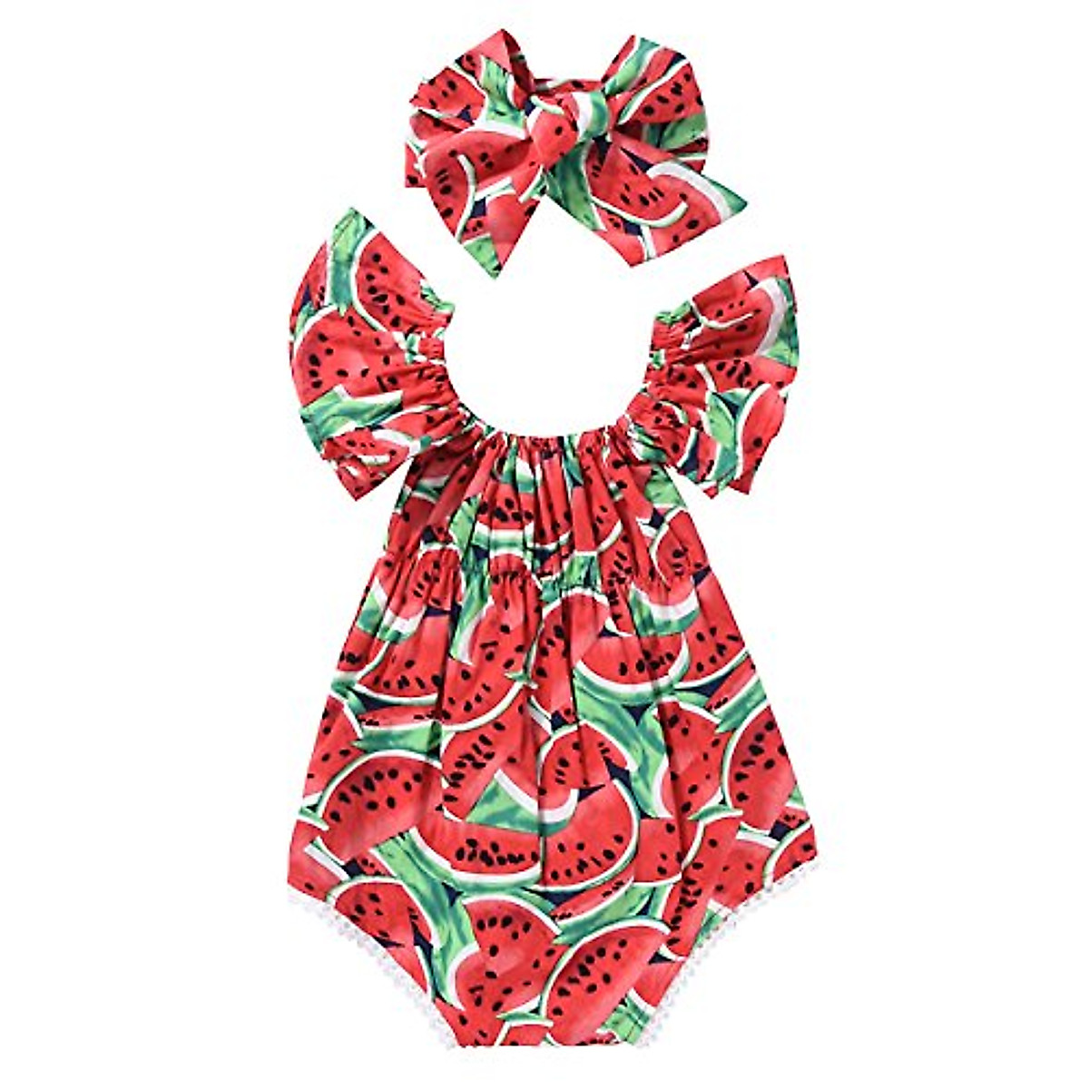 Kashoer Newborn Baby Girls Watermelons Printed Ruffle Bodysuit with Headband (6-12M, Watermelon)