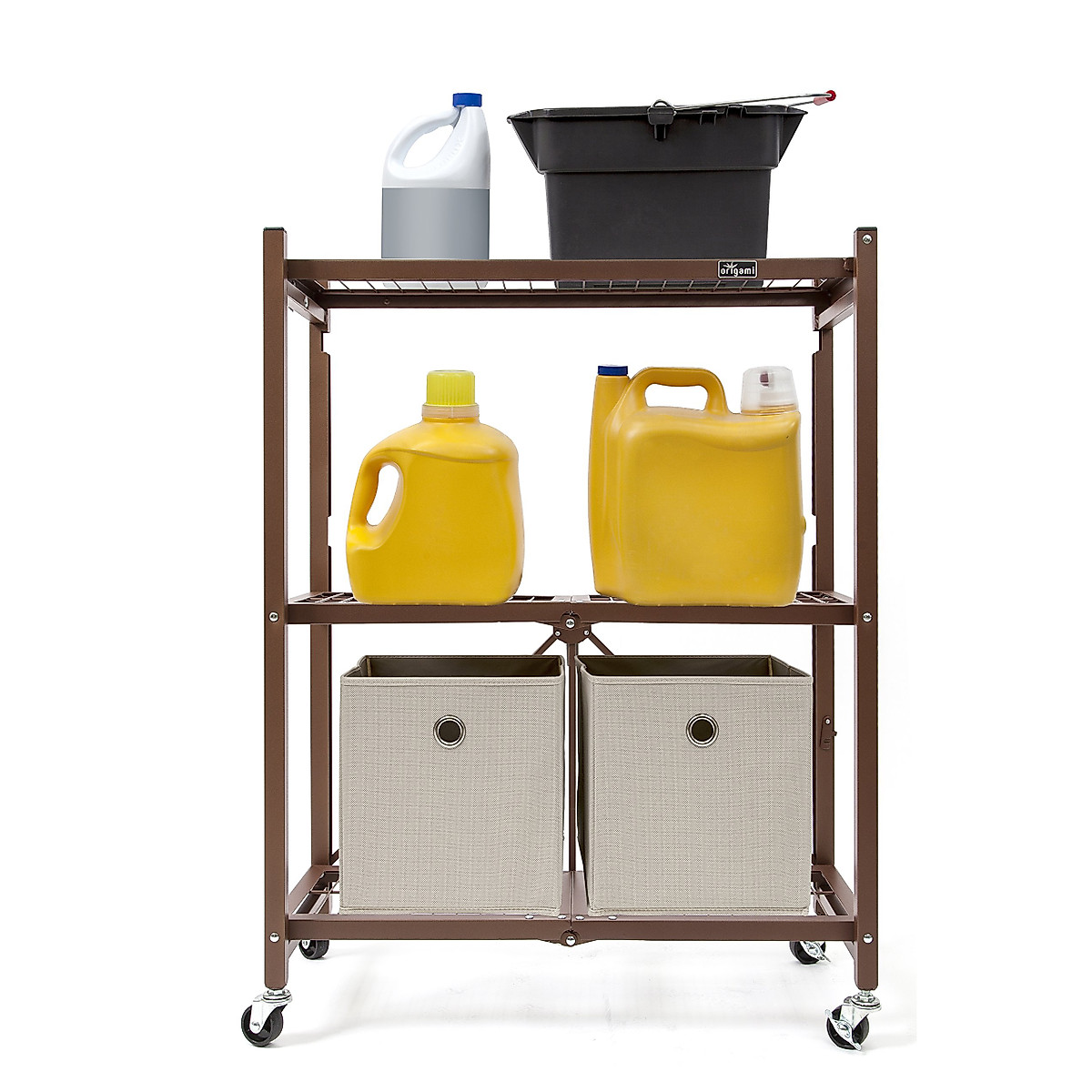 Origami General Purpose Collapsible Foldable 3-Shelf Small Storage Rack with Wheels, Pre-Assembled - Vintage Bronze