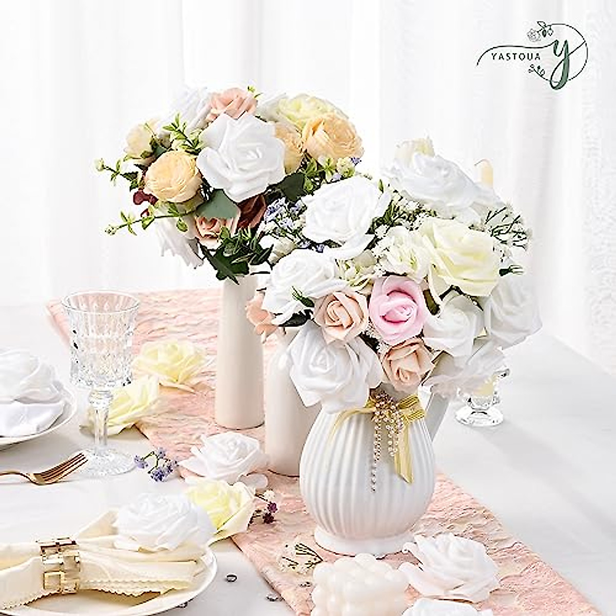 Yastouay 50Pcs 3.5inch Foam Rose Heads White Artificial Flowers Bulk Fake Foam Roses Stemless with Rhinestones & Butterfly for DIY, Baby Bridal Shower Cake Home Wedding Decor