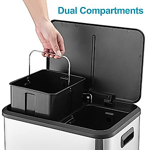 GlowSol Dual Trash Can for Recycling and Trash, 2 x 4 Gallon (30L) Stainless Steel Kitchen Trash Can with Lid and Foot Pedal, Double Compartment Garbage Can, Trash Can with Recycling Bin