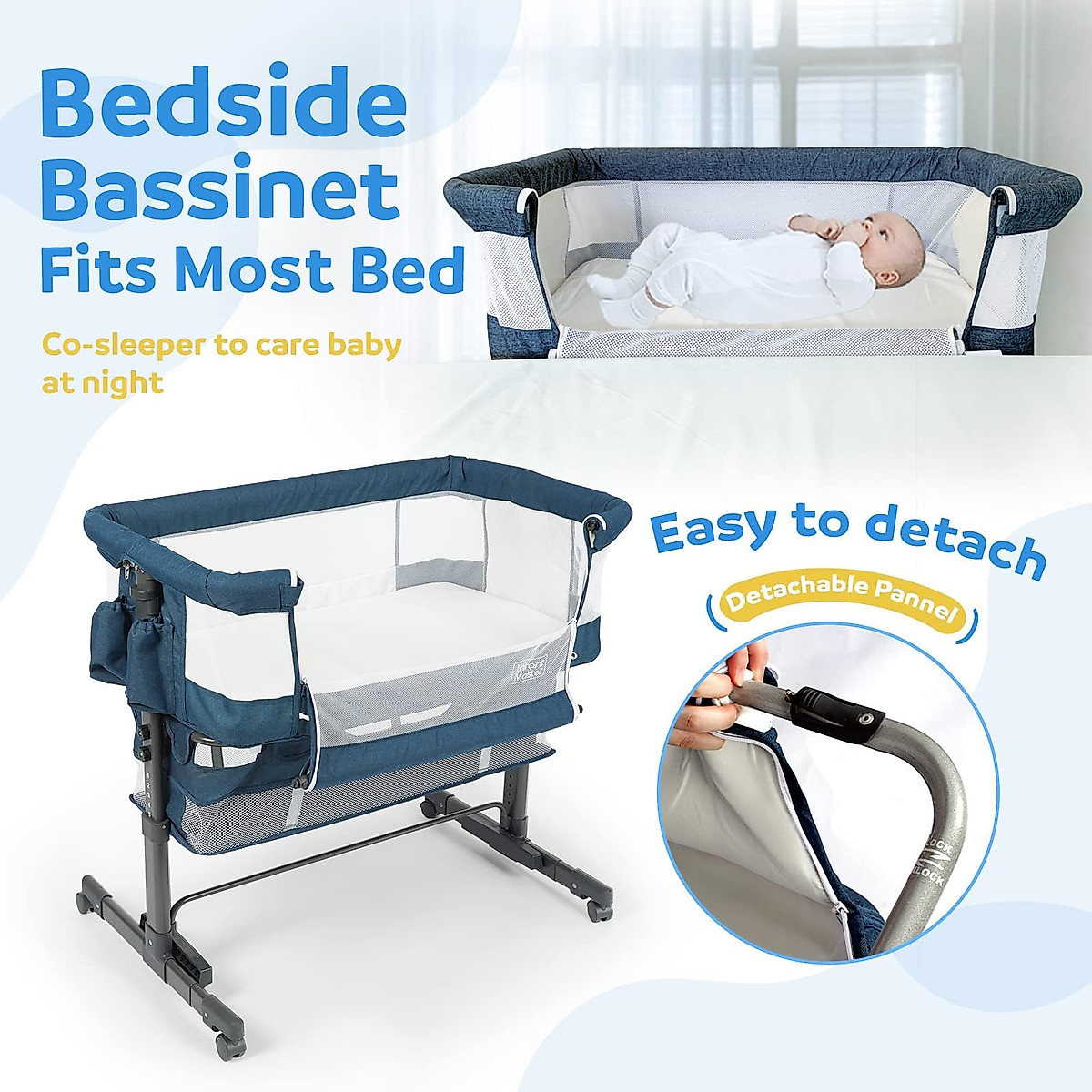 3 in 1 Baby Bassinet, Upgraded Beside Crib with 360° Highly Visible Mesh wall, Comfy Co-sleeper Bassinet with mattress, 5 Level Adjustable Height, Foldable & Portable BabyTravel Crib for Newborn, Blue