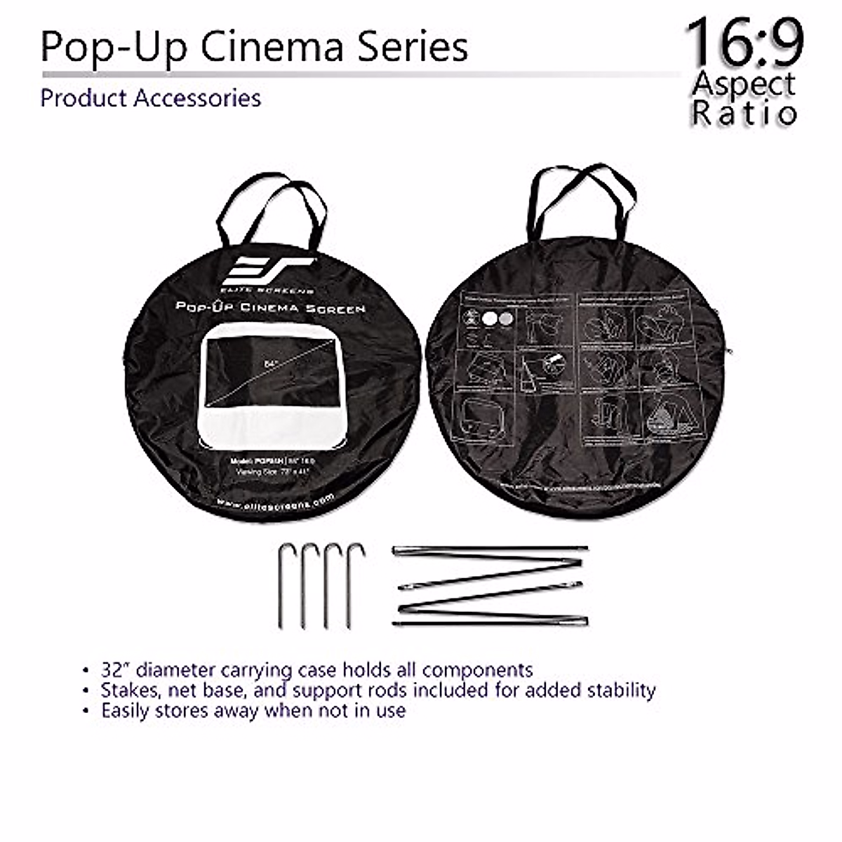 Elite Screens Pop-up Cinema 92-inch 16:9 Portable Outdoor Fast Folding Projector Screen Self Standing Ultra-Light Weight Movie Quick Collapsible Carrying Bag, US Based Company 2-Year Warranty -POP92H