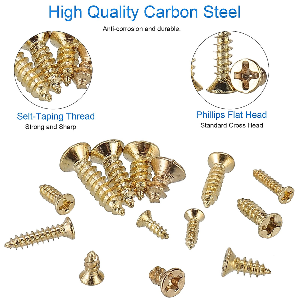 HanTof 1200Pcs Tiny Phillips Flat Head Self Tapping Screws for Wood, Plastic and Soft Metal. M2 M2.5 M3 Small Countersunk Tapper Screws Set for DIY Micro Woodworking Furniture Box. Golden,Carbon Steel