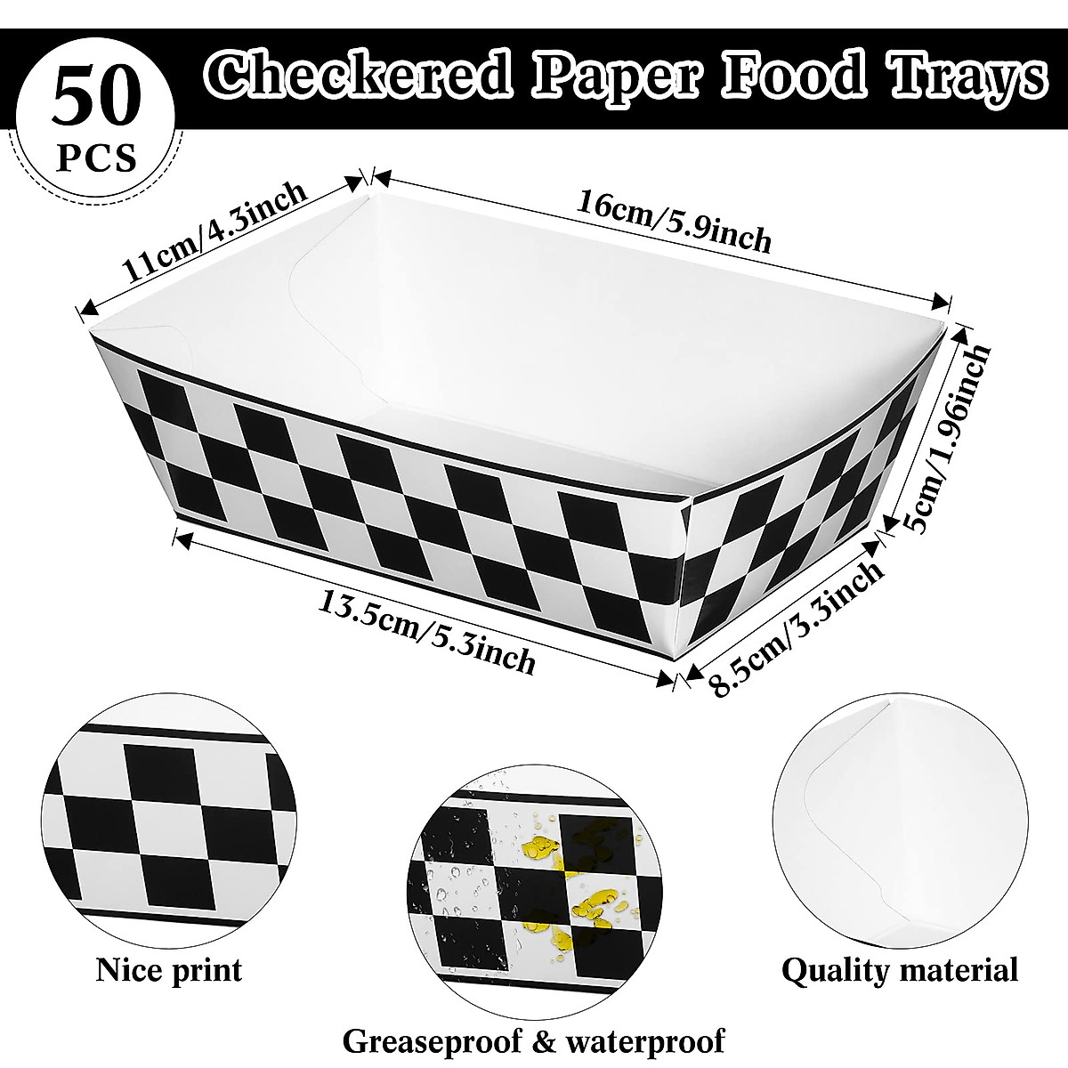 50 Pcs Checkered Paper Food Trays with 50 Deli Liner Disposable Racing Party Food Boat Black and White Plaid Food Serving Tray for Racing Theme Birthday Baby Shower Party Popcorn Nacho Snack Hot Dog