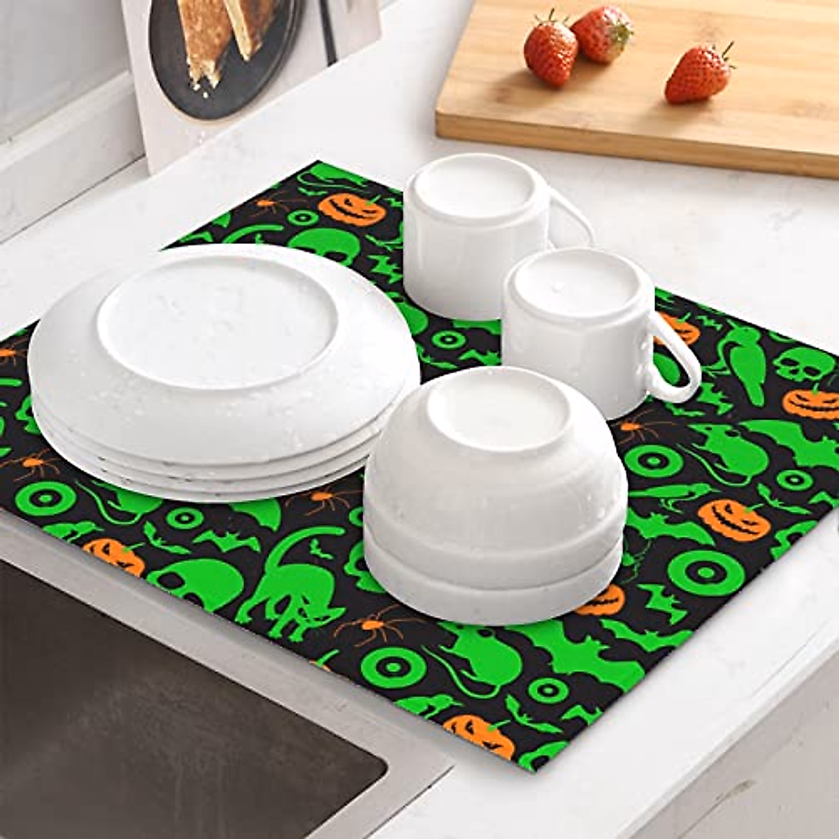 Green Ghost Horror Halloween Pumpkin Printed Drying Mat For Kitchen Ultra Absorbent Microfiber Dishes Drainer Mats Non-Slip Silicone Quick Dry Pad - 18 X 16inch