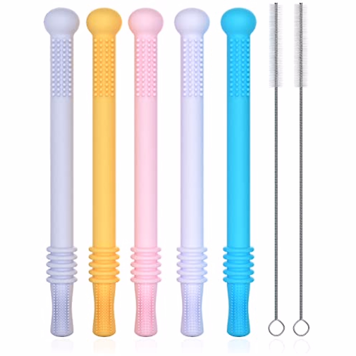 Mothby Teething Sticks for Babies Pack of 5, 6.3 Inches Long with 2 Pcs of Cleaning Brushes Straws for 3-12 Months Old Babies, Premium Food Grade Silicone, Refrigerator & Dishwasher Safe