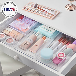 STORi SimpleSort 3-Piece Stackable Clear Drawer Organizer Set | 12" x 6" x 2" Rectangle Trays | Wide Makeup Vanity Storage Bins and Office Desk Drawer Dividers | Made in USA