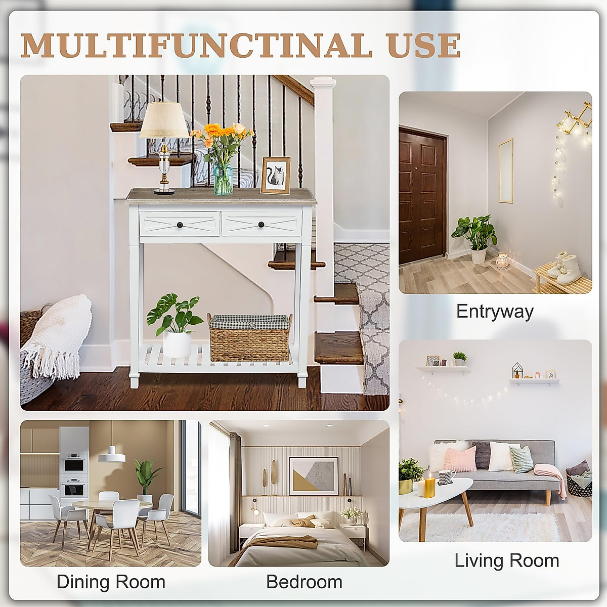 JSUN7 Console Table Sofa Table with Storage, Entrance Tables with 2 Drawers, Narrow Long Console Tables for Entryway Living Room Hallway, White