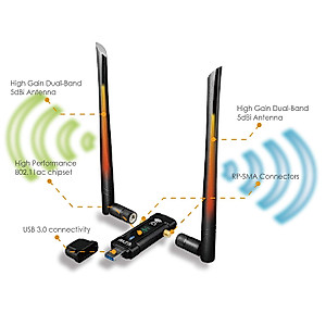 ALFA Network AWUS036ACM Long-Range Wide-Coverage Dual-Band AC1200 USB Wireless Wi-Fi Adapter w/High-Sensitivity External Antenna - Windows, MacOS & Kali Linux Supported
