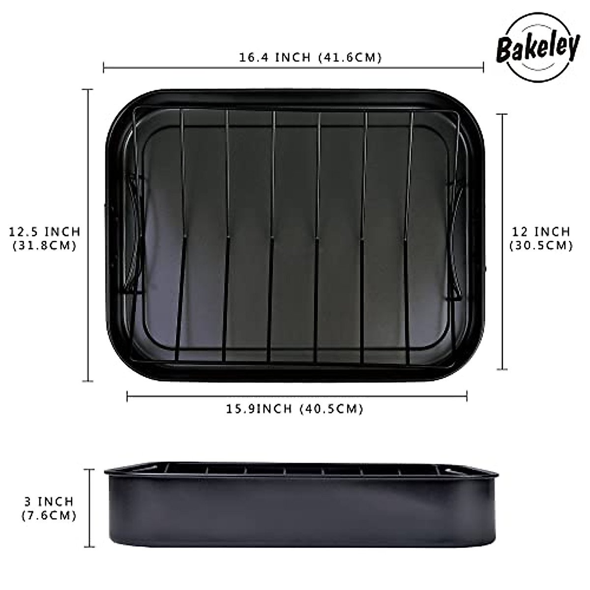 Bakeley Roasting Pan, Nonstick Roaster Pan with Rack, Turkey Roasting Pan with V Rack, 17 Inch x 13 Inch, Black