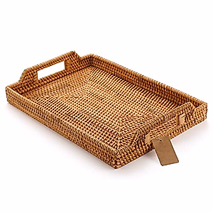 Hand-Woven Rattan Rectangular Serving Tray with Handles for Breakfast, Drinks, Snack for Coffee Table (17x11.4x1.8inches)