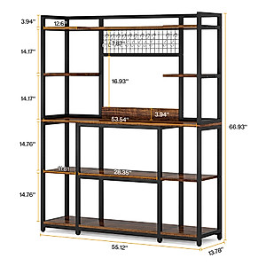 Tribesigns Large Bakers Rack, 55" Wide Kitchen Hutch Cabinet Microwave Stand with 11 Hooks, 5-Tier Baker’s Rack Kitchen Storage Shelf Rack with Hutch, Rustic Brown