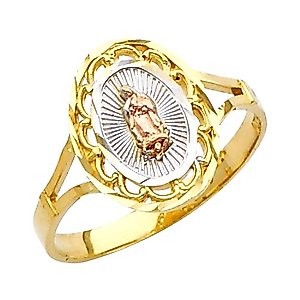 Saint Collection Polished 14k Tri-Color Gold Oval Miraculous Medal Charm Our Lady of Guadalupe Ring (Size 9.75)