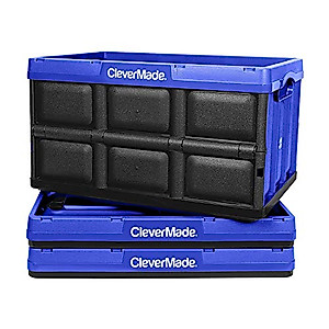 CleverMade 62L Collapsible Storage Bins - Durable Plastic Folding Utility Crates, Royal Blue, 3 Pack & CleverMade - 8034119-21843PK 62L Collapsible Storage Bins with Lids - 3 Pack, Neptune Blue