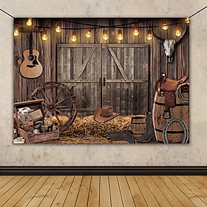 OurWarm 7x5FT Western Cowboy Backdrop Party Decorations Wild West Rodeo Decor Rustic House Barn Photography Props Background Theme Party Supplies for Kids Birthday Banner Photo Booth
