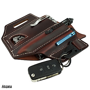 Atqana Multitool Sheath for Belt (Premium Leather) - EDC Pocket Organizer | Leatherman Holster | Handmade Leather Multitool Pouch with Pen Holder, Flashlight Sheath and Key Fob Clip (Extra Dark Brown)
