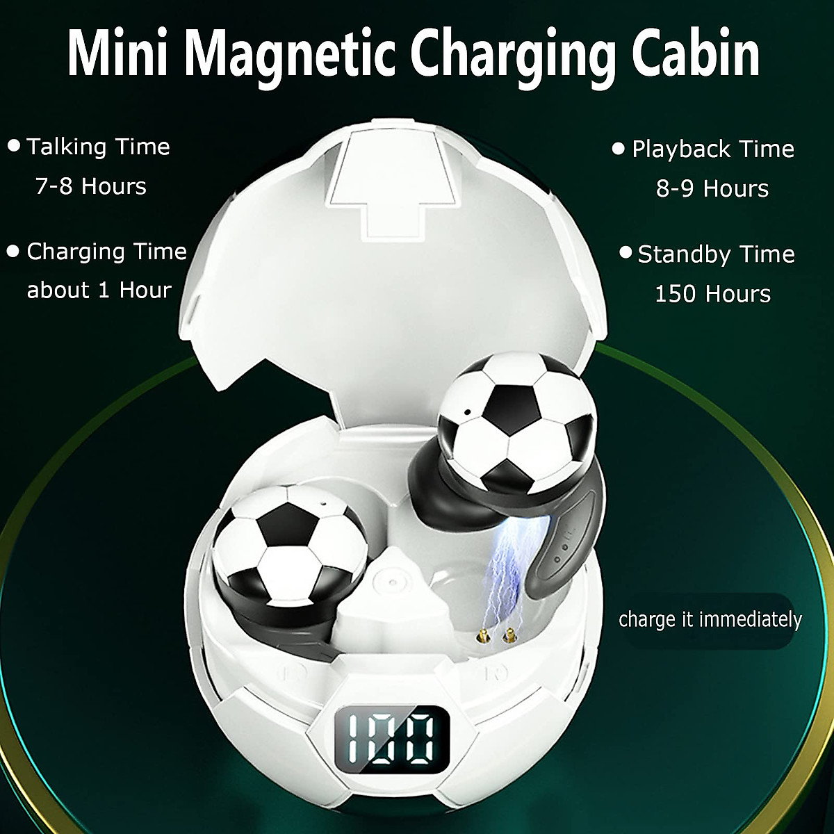 N/0 Soccer Bluetooth 5.1 Wireless Earbuds Sport Headphones IPX7 Waterproof Earbuds Headset with Charging Case Hands-Free Calling Deep Bass Stereo Ear Buds Noise Cancelling Earphones for Gym Running