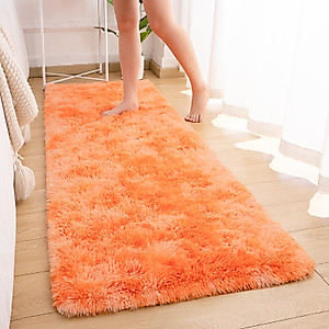 Softlife Area Rug for Bedroom, 2x6 Feet Runner Rug Plush Fluffy Rug for Living Room, Tie-Dyed Orange Shag Rug for Aesthetic Christmas Room Decor, Modern Fuzzy Faux Fur Carpet for Kids Nursery Room