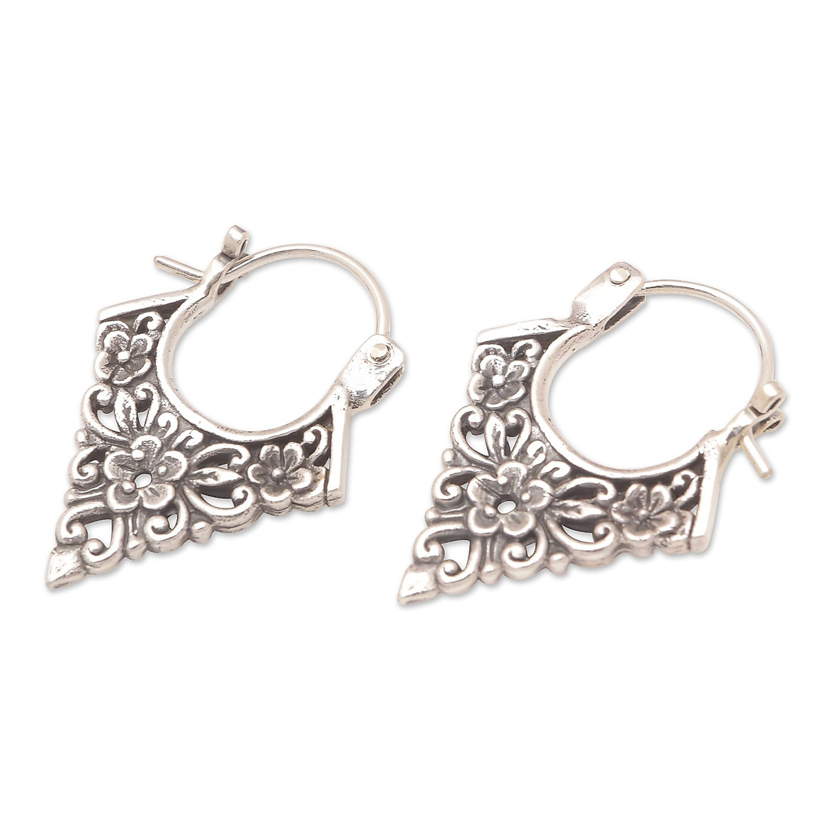 NOVICA Artisan Handmade .925 Sterling Silver Hoop Earrings | Floral Dangle Earrings | Jewelry Dangle Earring | Silver Traditional Earrings | Wirl Earrings For Women | French Wire Earrings