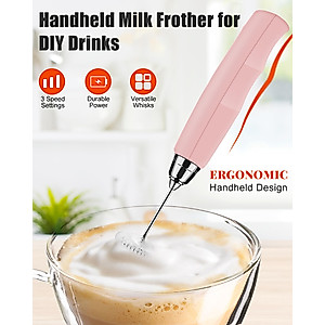 Milk Frother Handheld, USB Type-C Rechargeable Electric Whisk 3 Speed Adjustable, Coffee Frother Wand with 3 Stainless Whisks, Drink Mixer Blender for Latte Cappuccino Matcha Egg