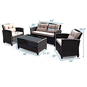 Tangkula 4-Piece Patio Furniture Set, Rattan Wicker Chair Set with 1 Loveseat, 2 Single Sofas, 1 Coffee Table with Tempered Glass Top, Outdoor Furniture Sets for Backyard, Porch, Garden and Poolside