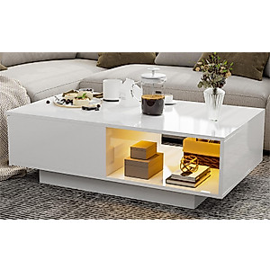 IKIFLY Modern LED Coffee Table with A Drawer, White High Glossy Coffee Table with 16 Colors LED Lights for Living Room
