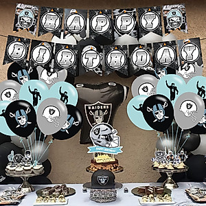 KOOMEE 32 Pcs Raiders Party Supplies, Rugby Theme Party Supply Set for Kids with 1 Happy Birthday Banner Garland, Cake Topper,12 Cupcake Toppers, 18 Balloons for Football Rugby Fans Party Decorations