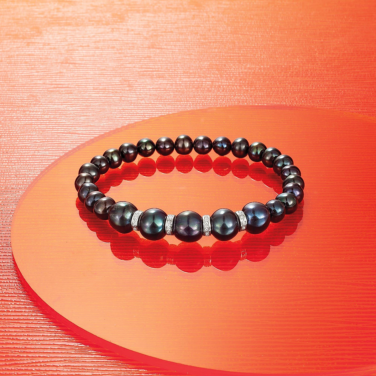 Ross-Simons 6-8.5mm Black Cultured Pearl and .25 ct. t.w. Diamond Stretch Bracelet With Sterling Silver. 7 inches