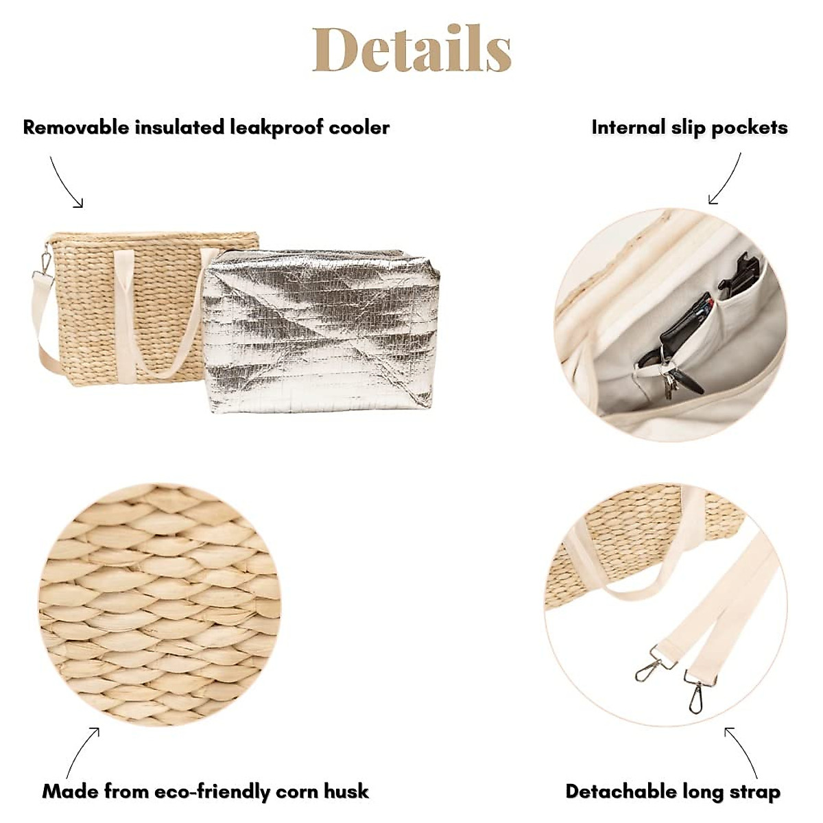 Daytani Insulated Beach Cooler Bag, Leak Proof, Premium Quality Corn Husk, Beach Bag, Pool Bag, Tote Bag, Straw Beach Bag, Rattan, Gifts for Women, Picnic Basket, Wedding Gifts, Lunch Bag