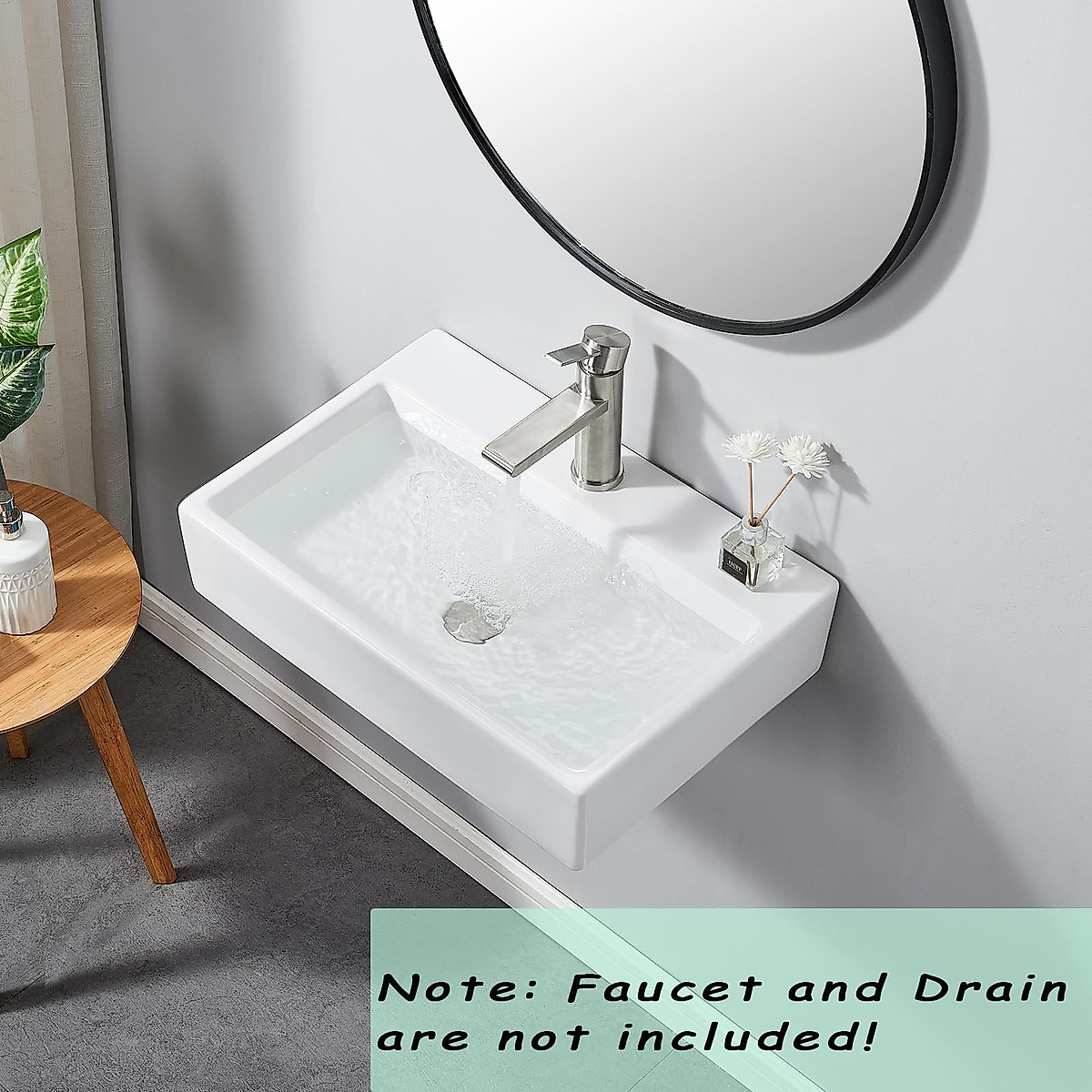 VCCUCINE Contemporary 21"x14" Porcelain Ceramic Wall Mounted Bathroom Vessel Sink,Modern White Floating or Countertop Rectangle Lavatory Art Basin with Faucet Hole Vanity Sink
