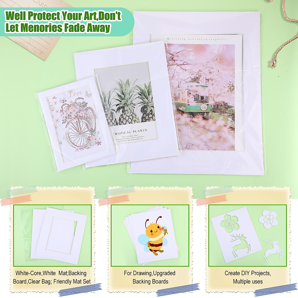 Tenceur 30 Sets Mixed Size Pre Cut Picture Mat Board Kit Includes 30 Picture Frame Mats White Core Bevel Cut Mattes 30 Backing Board 30 Clear Seal Bags for Photo Art Prints Artwork Certificate, 3 Size