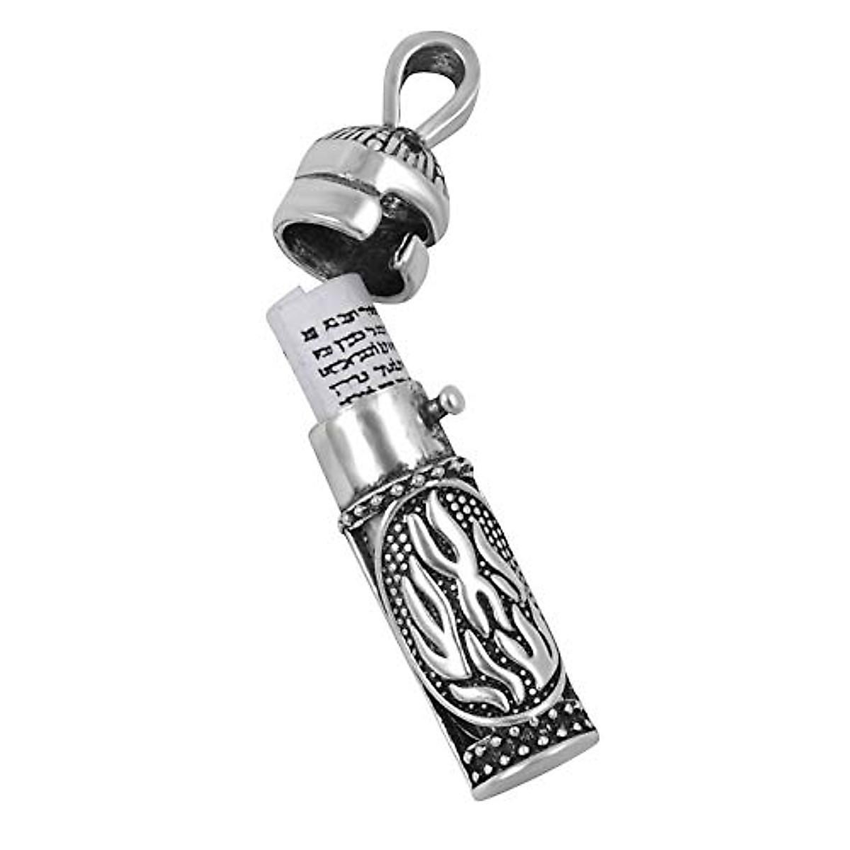AJDesign Mezuzah Necklace for Men or Women in 925 Sterling silver Shema Yisrael, Chamsa, Hebrew Chai, Holyland Sand, Menorah (Open - My Fire Hamsa, 20 Inches Chain)