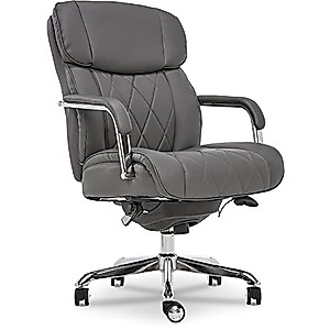 La-Z-Boy Sutherland Quilted Leather Executive Office Chair with Padded Arms, High Back Ergonomic Desk Chair with Lumbar Support, Grey Bonded Leather