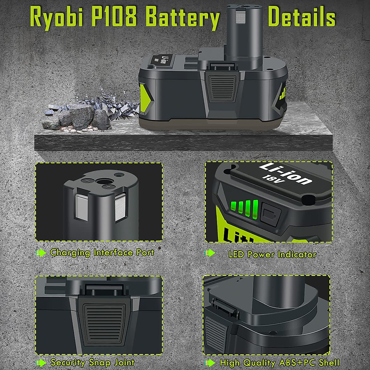 BATINO 2 Pack 6.0Ah P108 18V Replacement Battery for Ryobi P102 P103 P104 P105 P107 P109 P100 P122 18 Volt Lithium-ion Batteries Compatible with Ryobi One+ Cordless Brushless Power Tools