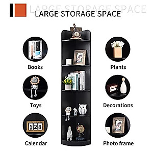 Fun Memories 5-Tier Corner Bookshelf - 63" Tall Modern Free-Standing Corner Bookcase - Durable Wood Corner Cabinet and Plant Shelf in Sleek Black for Living Rooms, Bedrooms, Kitchens and Offices