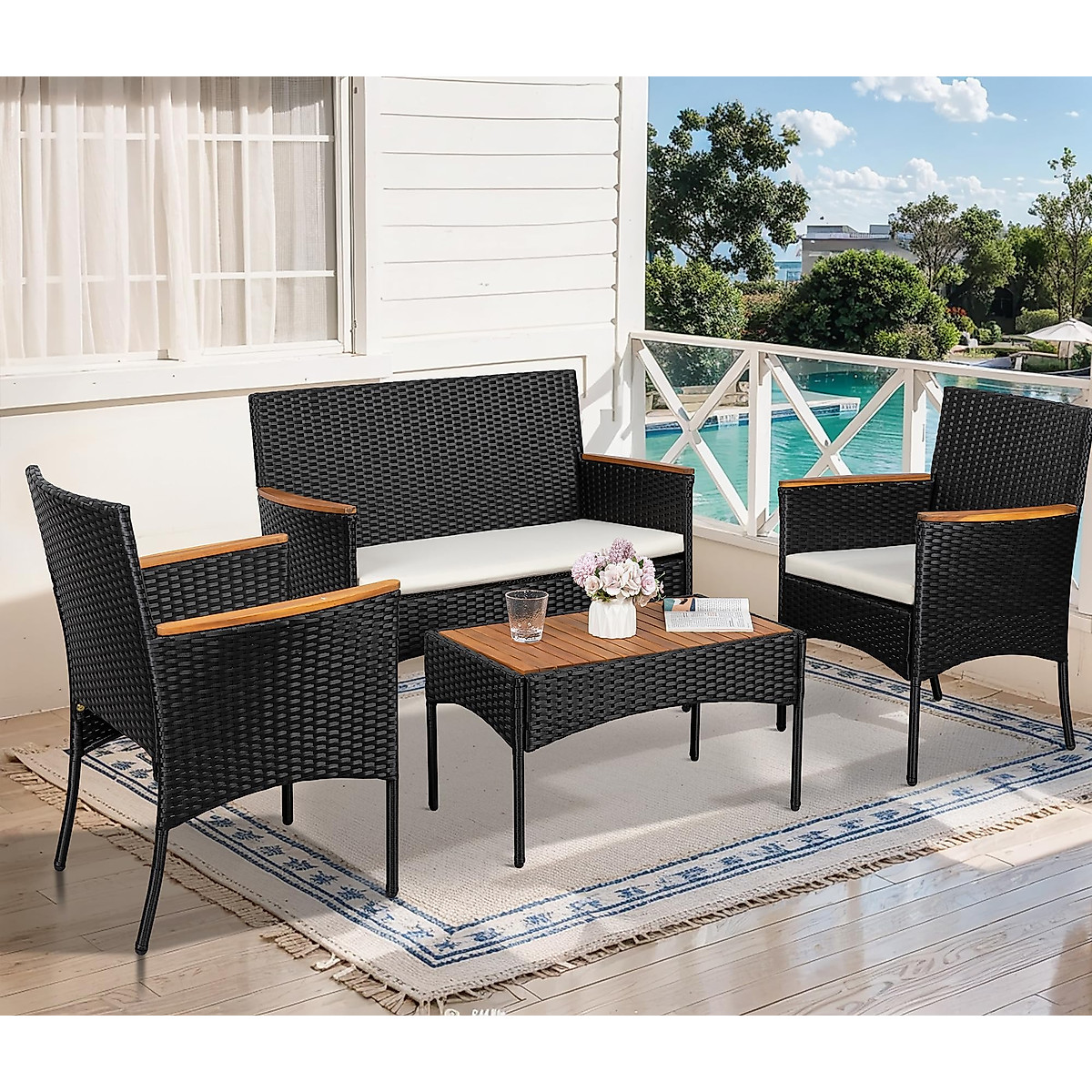 Shintenchi 4-Piece Patio Furniture Set, Outdoor Wicker Patio Conversation Furniture Set with Cushions and Wooden Tabletop for Paito Lawn Backyard, White Cushion