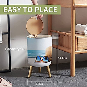 Small Trash Can with Lid Summer tropical beach background; glasses and palm tree reflex Garbage Bin Round Waste Bin Press Cover Dog Proof Wastebasket for Kitchen Bathroom Living Room 1.8 Gallon