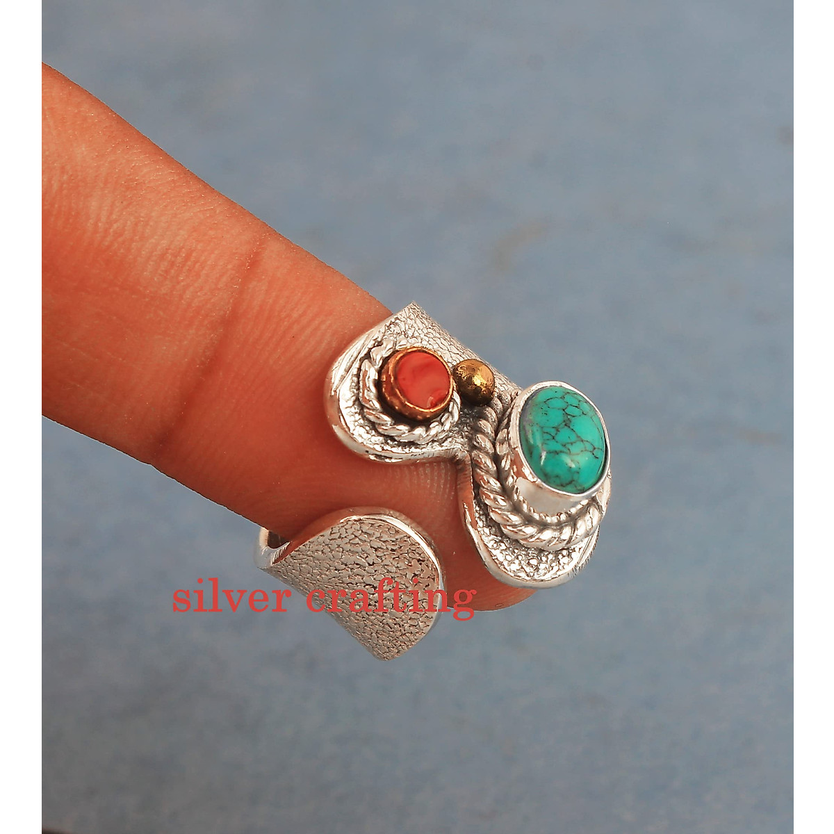 Turquoise And Coral Gemstone Ring Thumb Sterling Silver Natural Stone Ring Personalized Boho Ring (7.5)