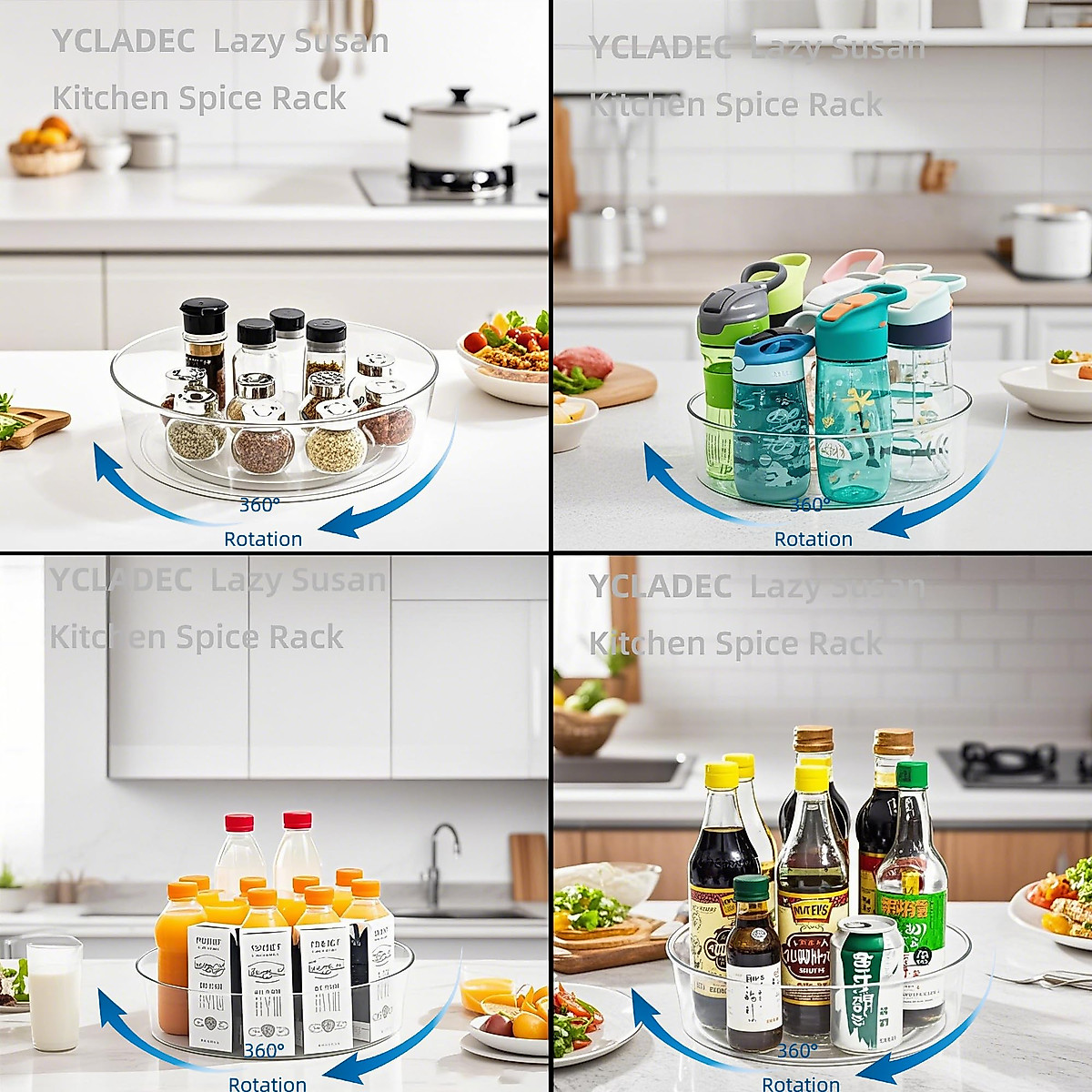 YCLADEC 4 Pack Lazy Susan 11.5" Inch Turntable Organizer Organization Storage Container Bins Spice Rack Cabinet Rotating Condiment for Pantry Countertop Kitchen Vanity Bathroom Jewelry Holder Clear