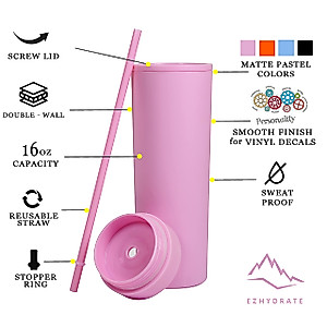 Ezhydrate SKINNY TUMBLERS (1 Pack)- LIGHT PINK- Matte Pastel Colored Acrylic Single Tumbler with Lid and Straw | 16oz Double Wall Reusable Plastic Tumbler w Straw Cleaner INCLUDED