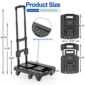Folding Hand Truck, Pre-Installed 600lbs Heavy Duty Dolly Cart, Portable 6 Wheels Collapsible Luggage Cart with 2 Elastic Ropes for Luggage, Travel, Moving, Shopping, Office Use