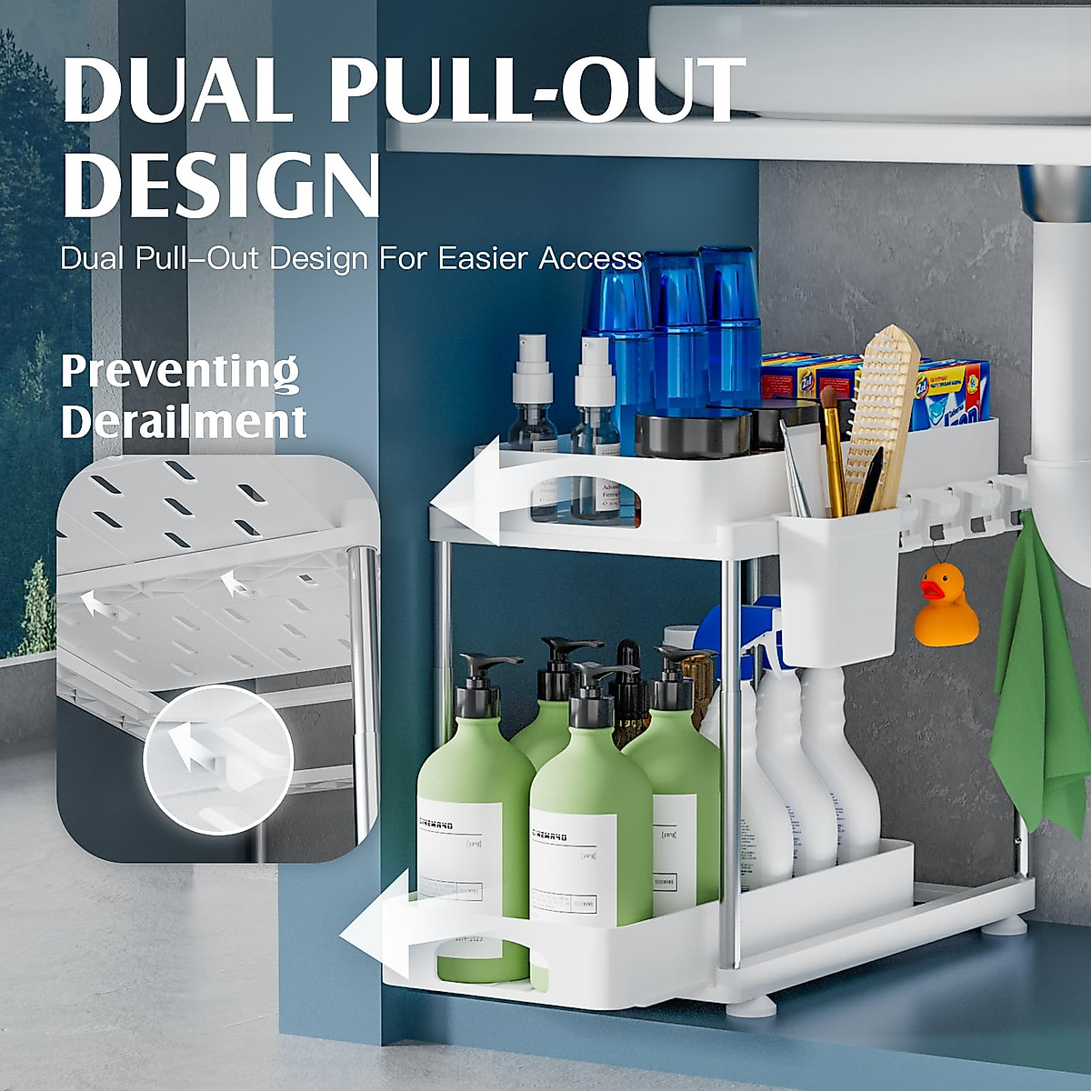 VERIFOST 2 Pack Under Sink Organizers and Storage, Double Sliding Kitchen Cabinet Organizer, 2 Tier Height Adjustable Countertop Organizer for Kitchen Bathroom Laundry, White