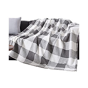 Panku Plaid Sherpa Throw Blanket with Solid Plush Reverse, Reversible Soft Fleece Checkered Blanket for Couch and Bed, Cozy and Warm Fuzzy Blanket, Grey Plaid, 50x60 Inches