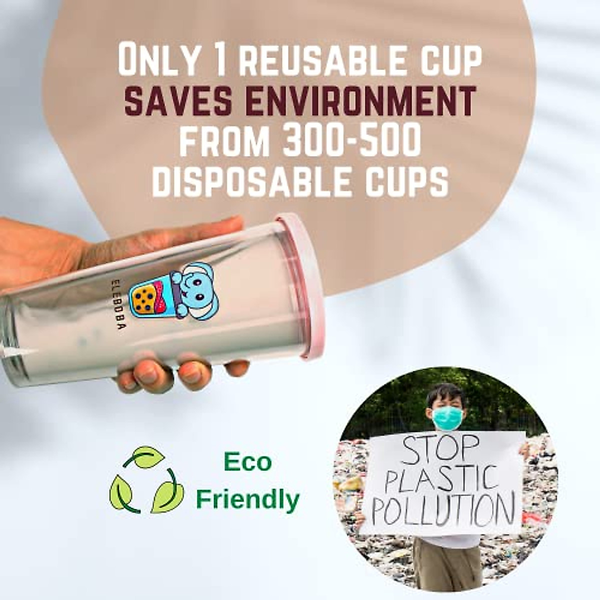 EleBoba Reusable Boba Cup with Lid and Straws - Leak Proof Tumbler for Bubble Tea and Smoothies - 24oz/700ml - Carry Pouch, Stickers, 2x Straws, Cleaning Brush, Cute Boba Cup, Kawaii Boba Cup