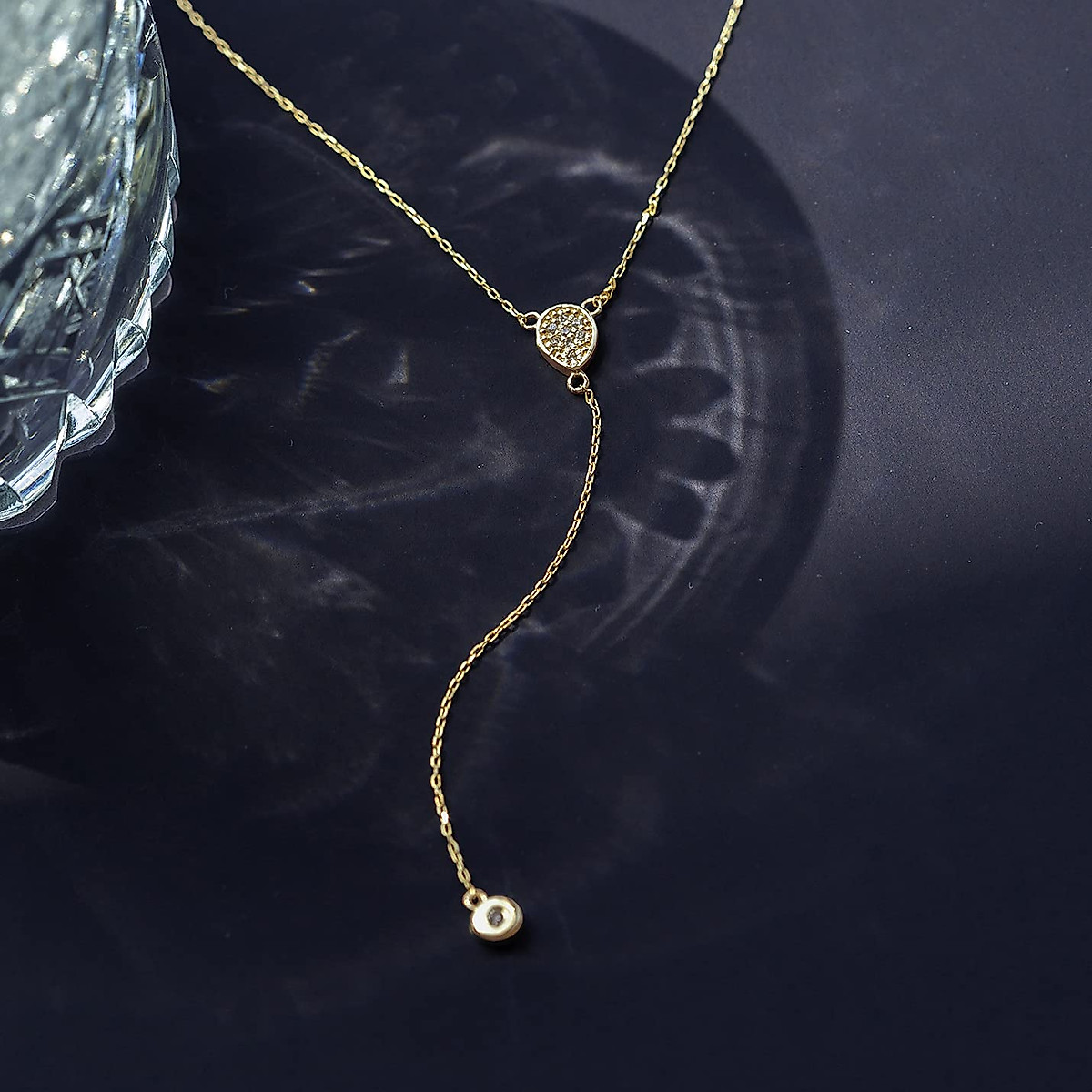 Diamond Solitaire Lariat Necklaces | 14k Solid Gold Diamond Bezel Set Y-Necklace for Women | Teardrop, Round Diamond Y Necklace | 14k Yellow Gold Dainty Jewelry | Gifts for Birthday, 18"