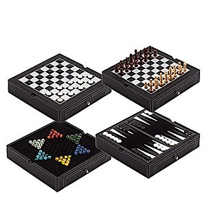GSE 12.5" Premium Leather 4-in-1 Chess, Checkers, Backgammon and Chinese Checkers Board Game Combo Set. Board Strategy Game for Kids & Adults